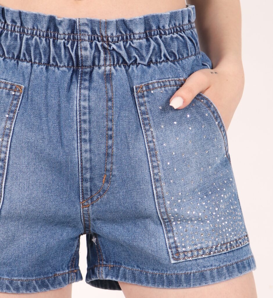 Short rígido con Strass bolsillo plaqué cintura con elástico ...